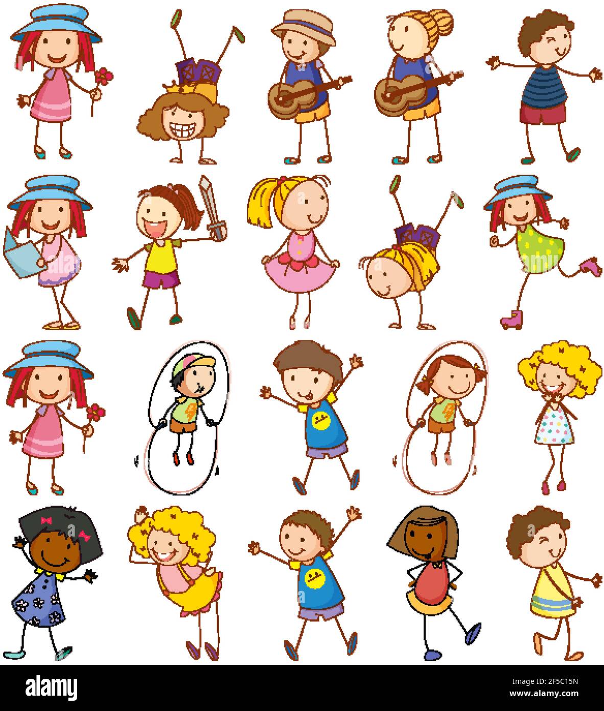 Set of different doodle kids cartoon character illustration Stock ...