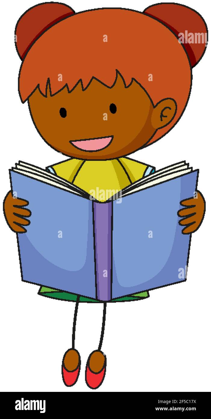 A doodle kid reading a book cartoon character isolated illustration ...