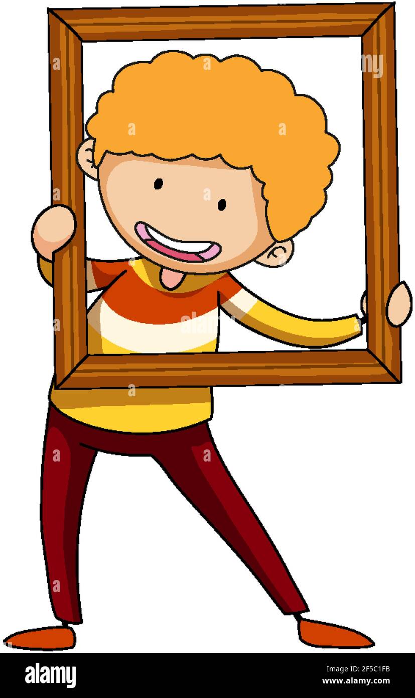 A boy holding wooden picture frame doodle cartoon character ...