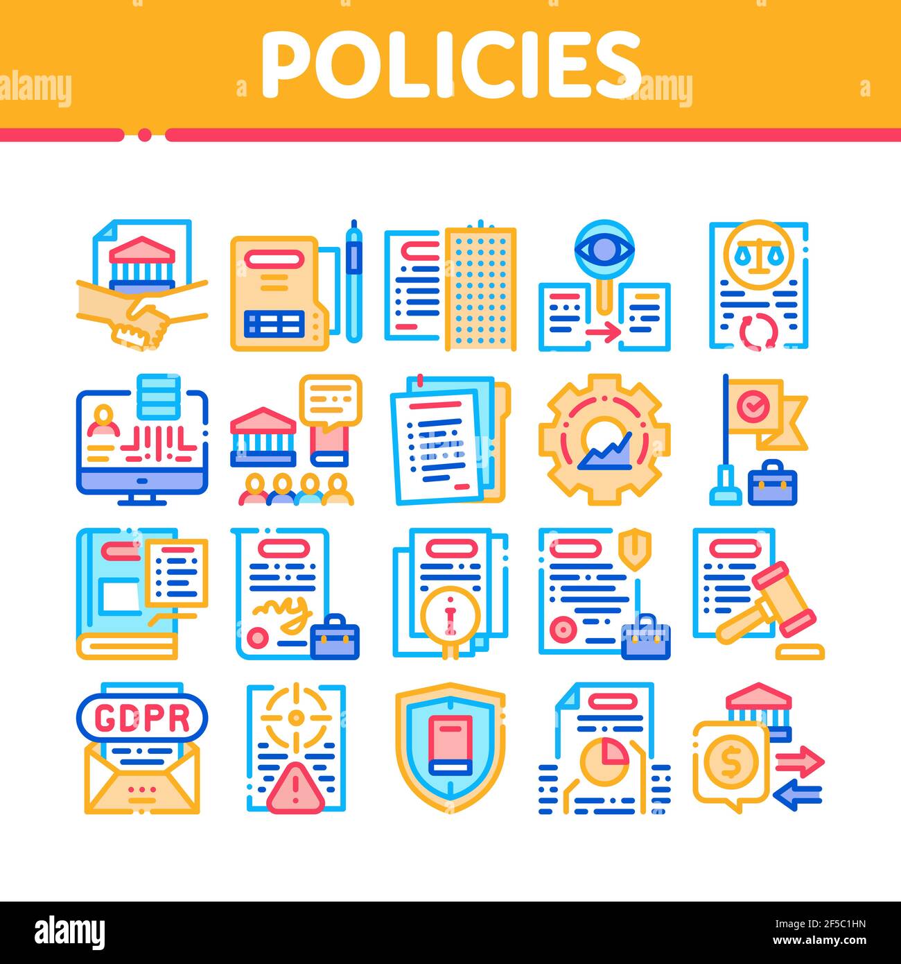 Policies Data Process Collection Icons Set Vector Stock Vector Image ...