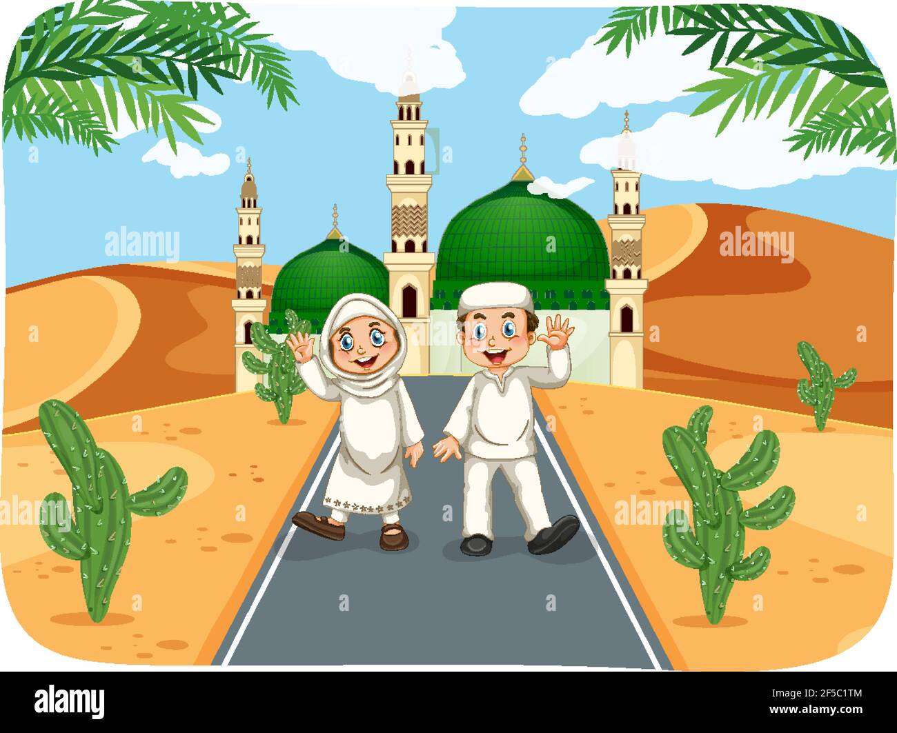 Outdoor scene with muslim boy and girl cartoon character illustration ...