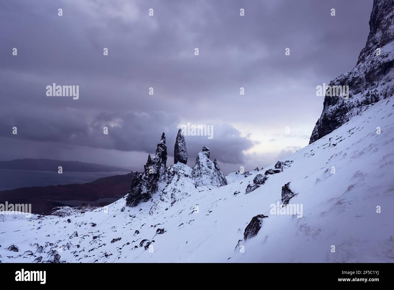 Old Man Storr, Isle Skye, Scotland. Winter, very snowy mountain in a ...