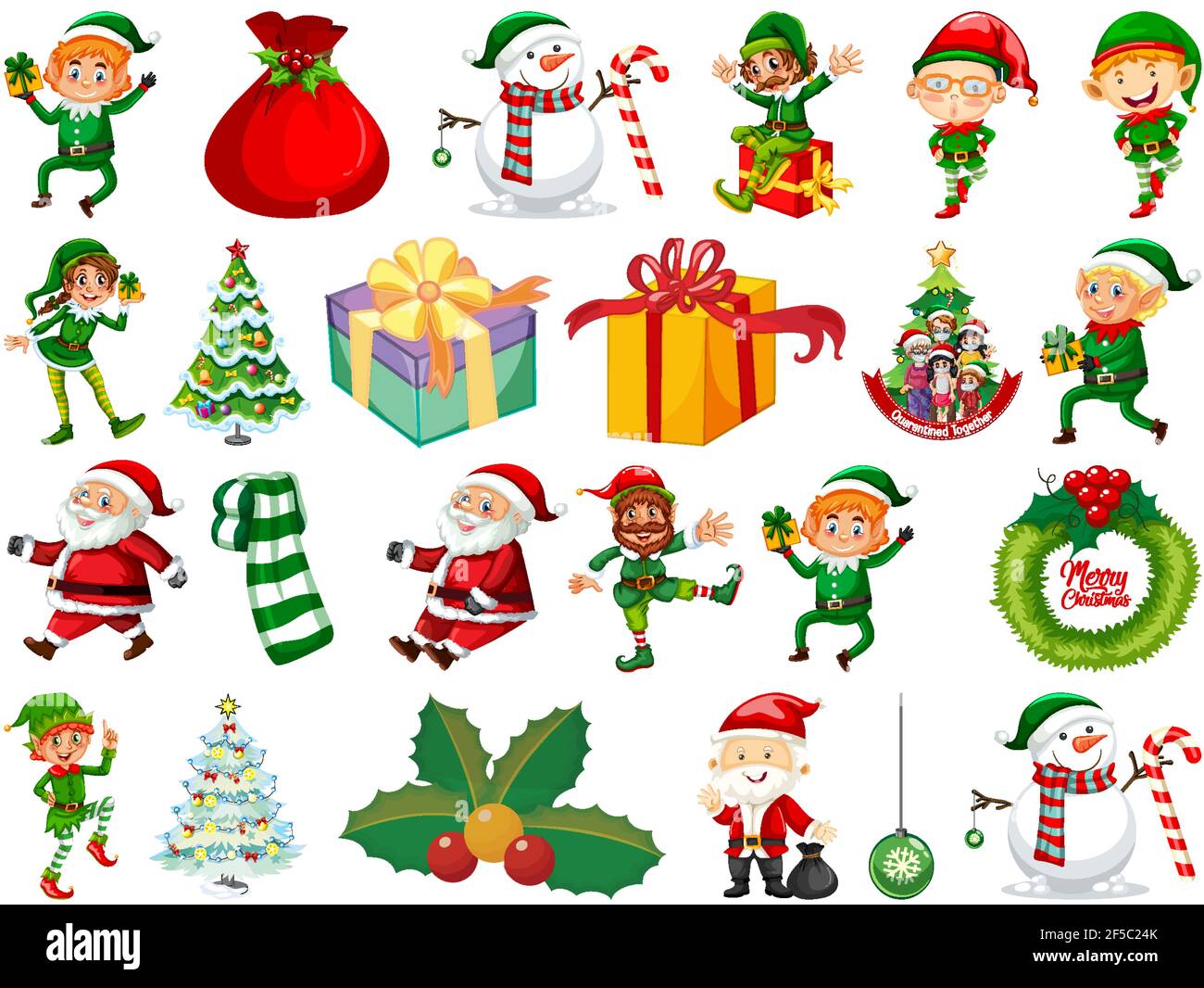 Set of Elves cartoon character and Christmas objects isolated on white ...