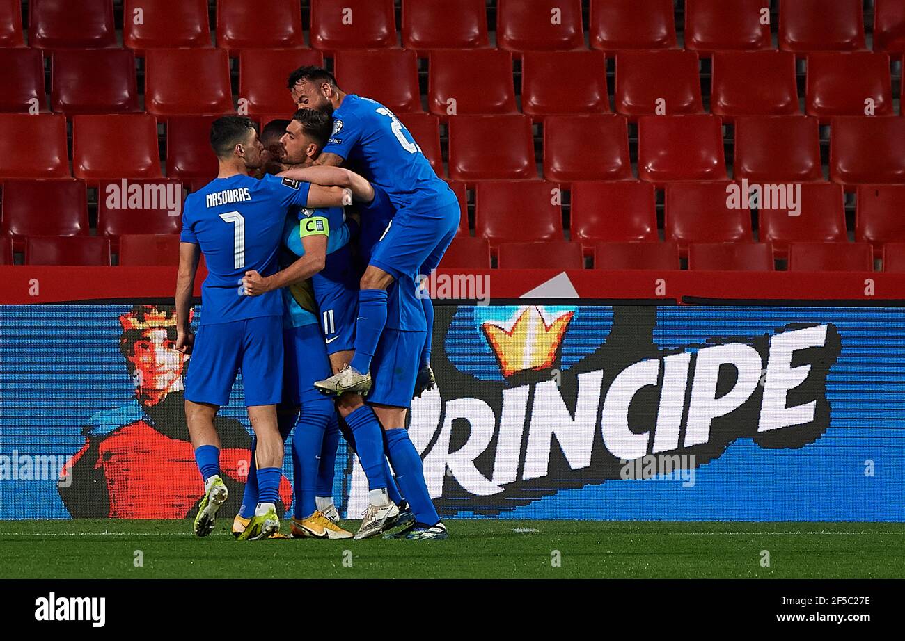 Granada, Spain. 25th Mar, 2021. Greece's players celebrate during the ...