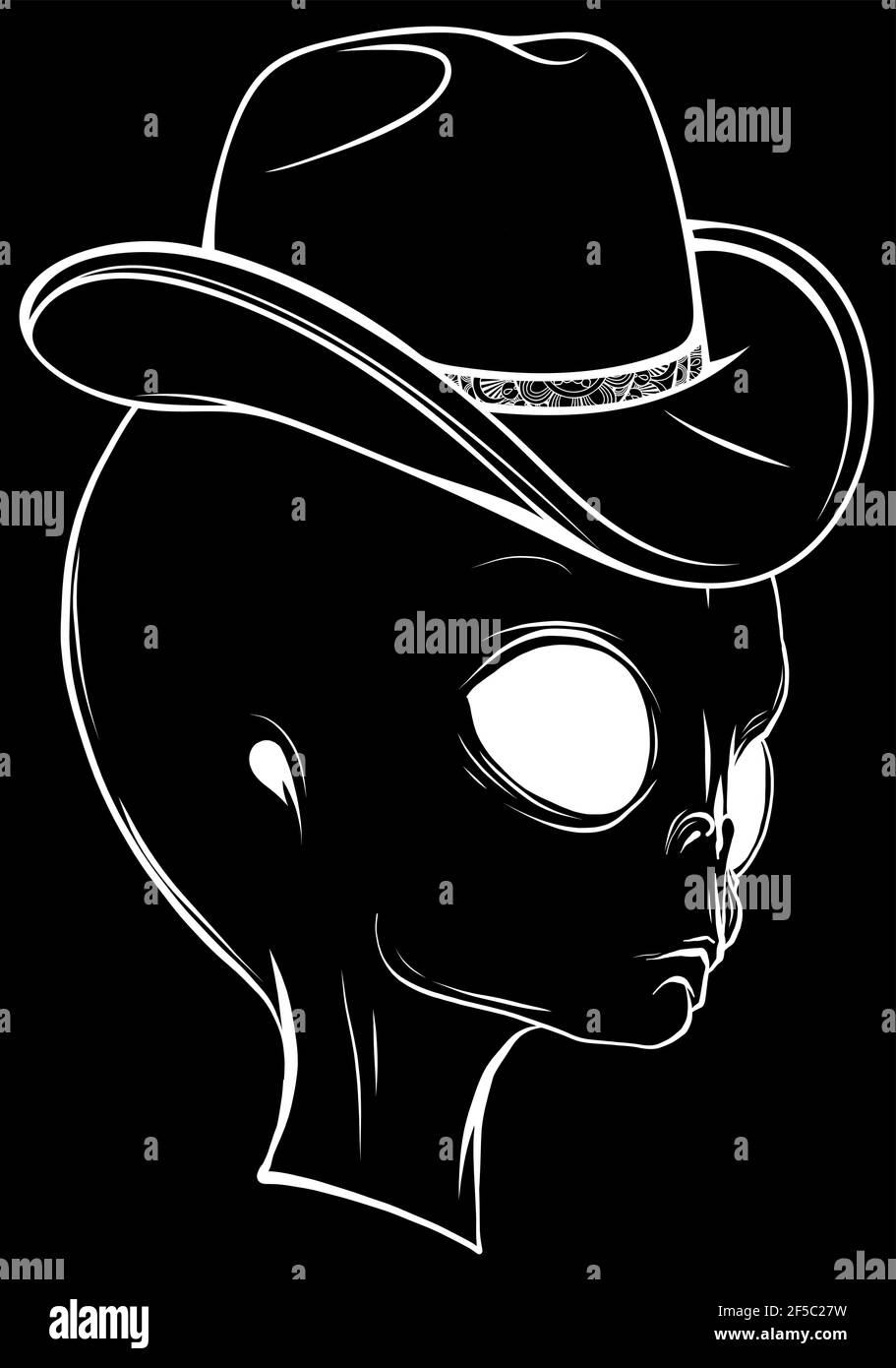 white silhouette of alien head with hat on black background Stock ...