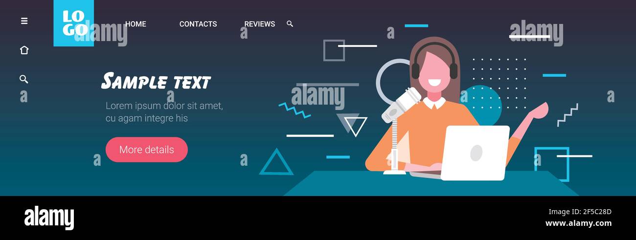 woman podcaster in headphones talking to microphone recording podcast ...