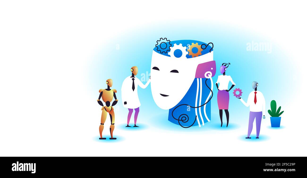 robots team holding gears near human head with brain cogwheels ...