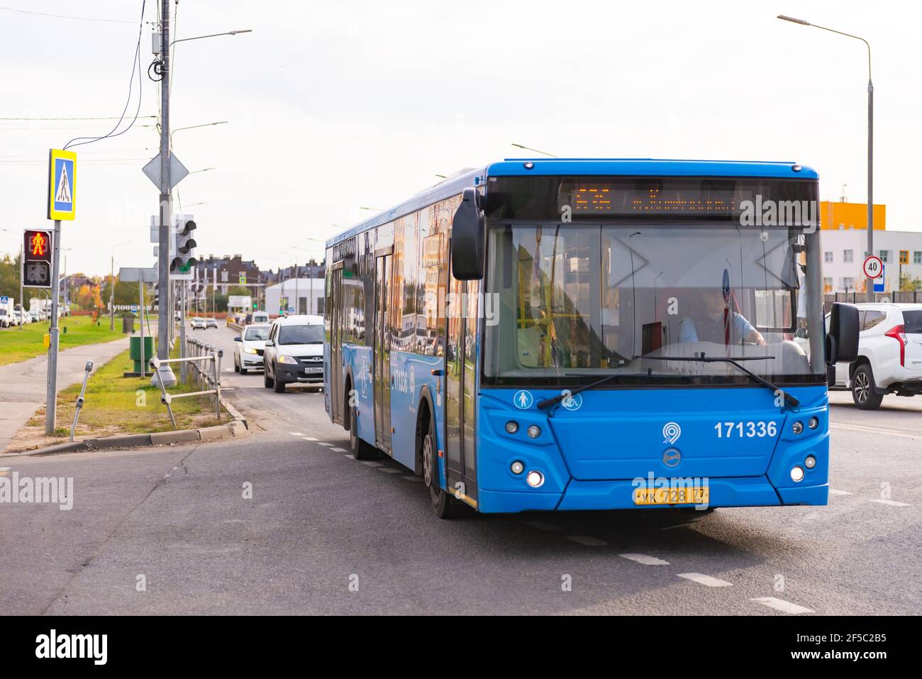 Moscow. Russia. Winter 2020. Blue Moscow buses. The passenger bus goes ...