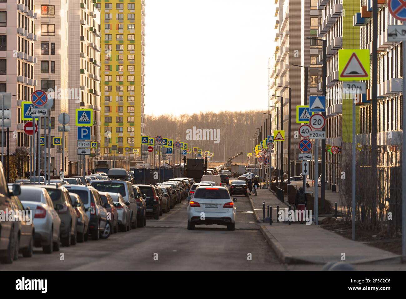 Moscow. Russia. February 2020. All available space is used for parking ...