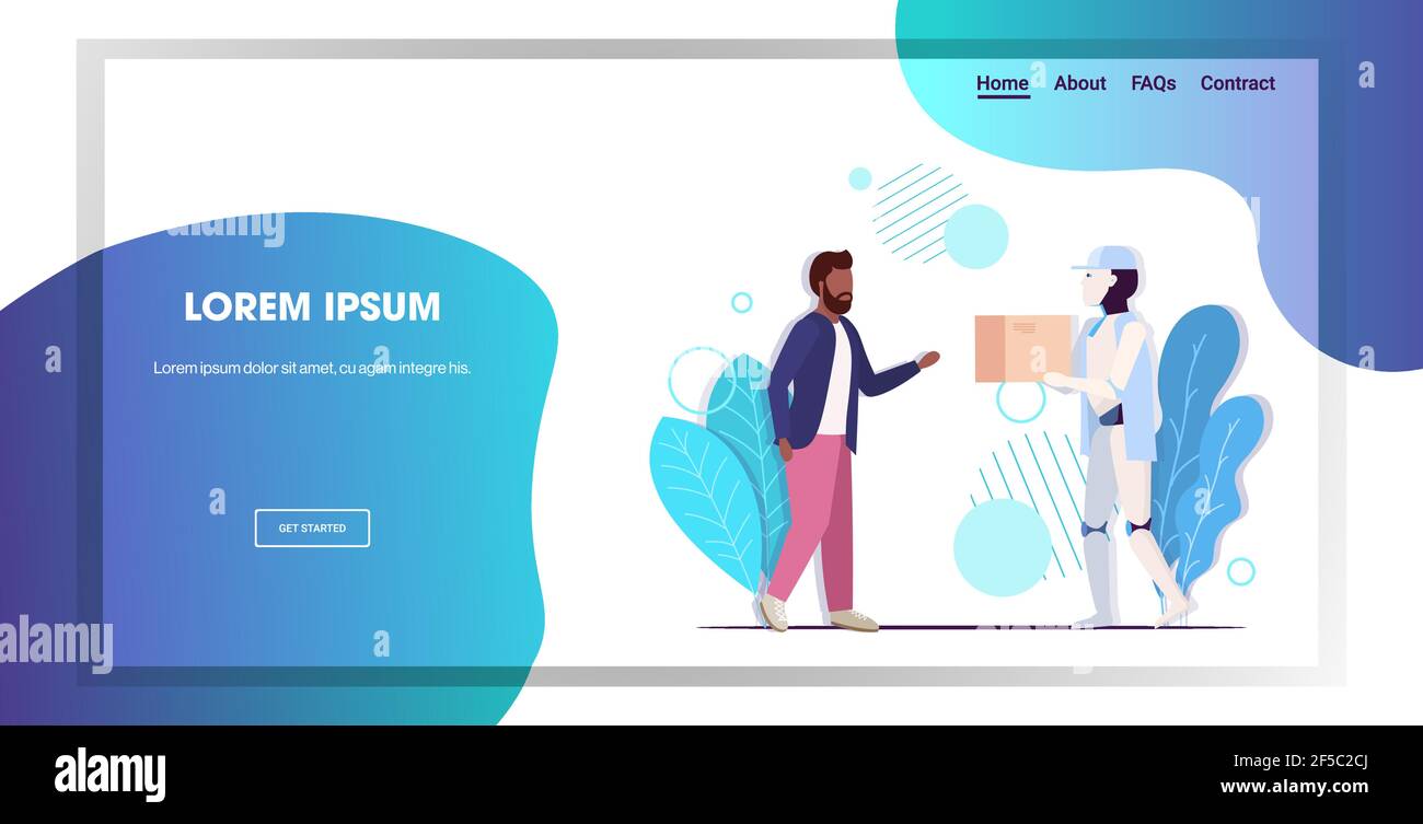 modern robot delivering cardboard parcel box to man recipient ...