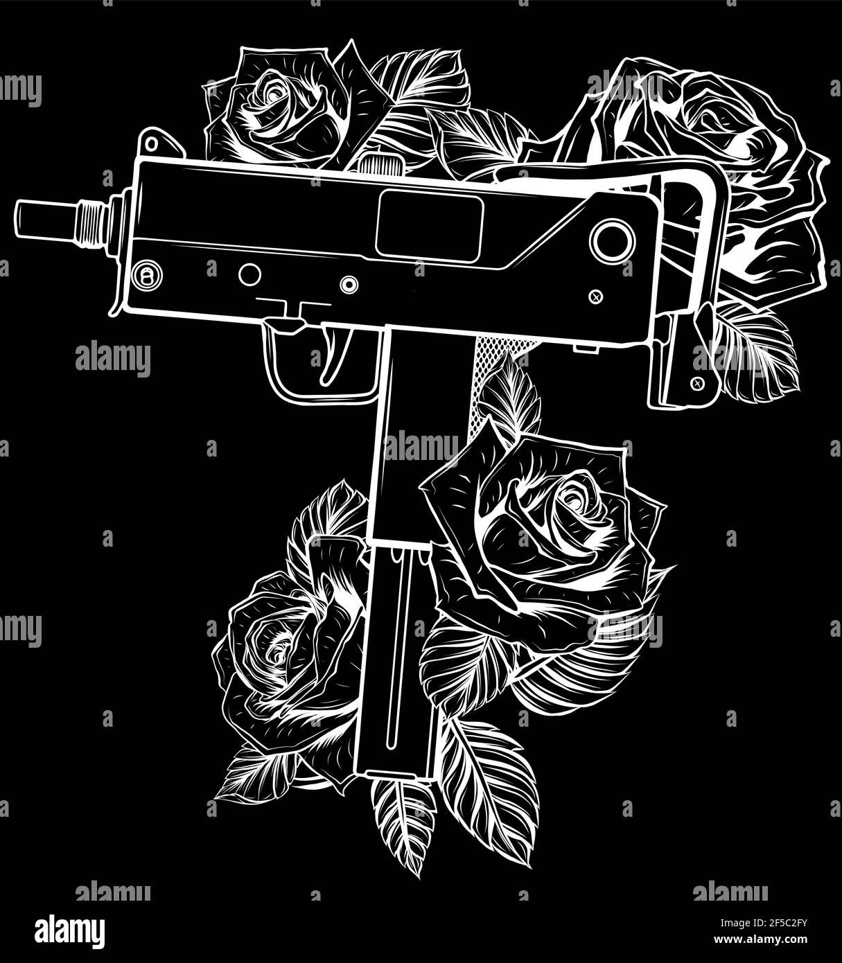 white silhouette of weapont Uzi with red roses on black background ...