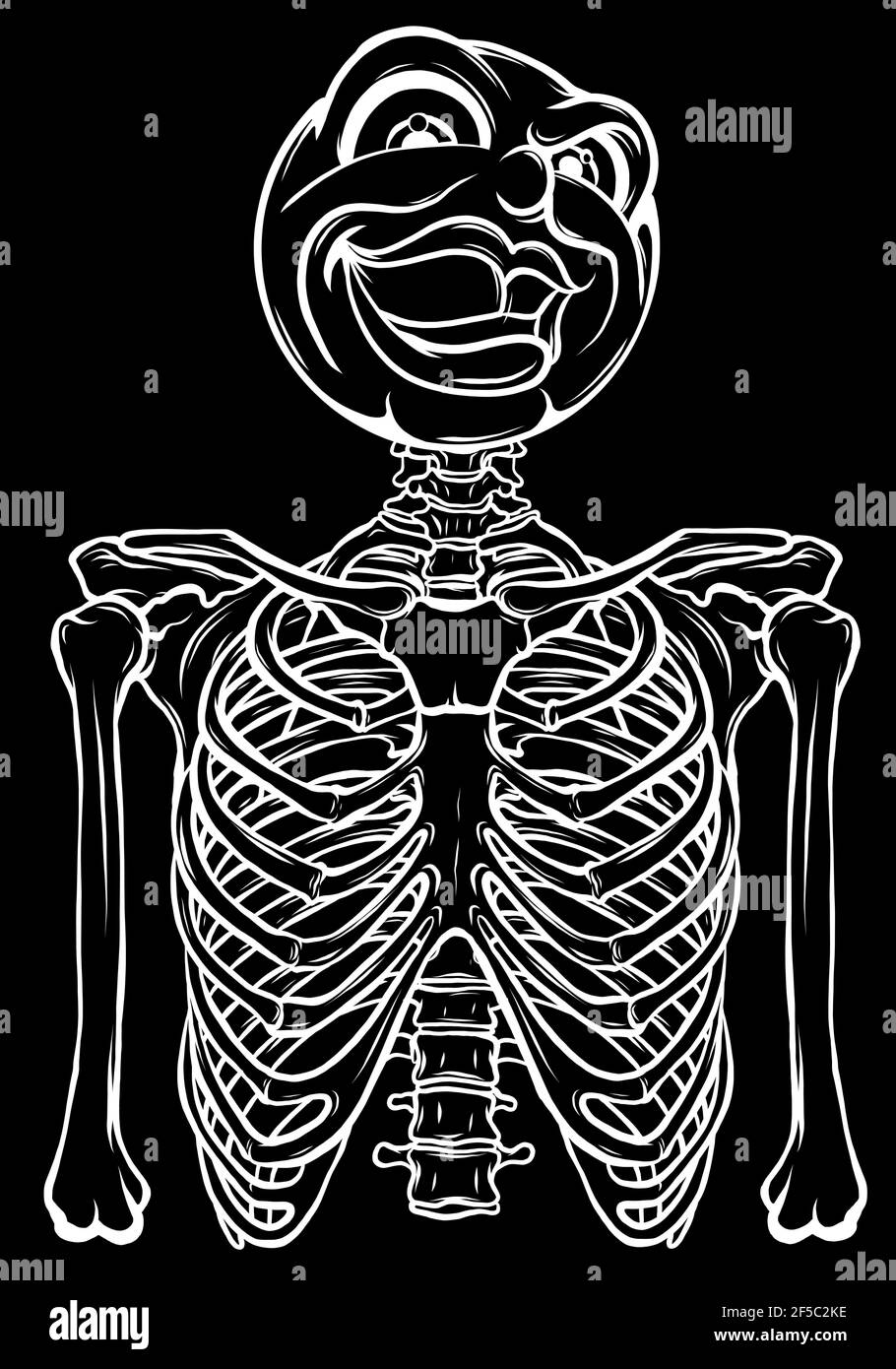 white silhouette Cartoon funny skeleton with smile head on black ...