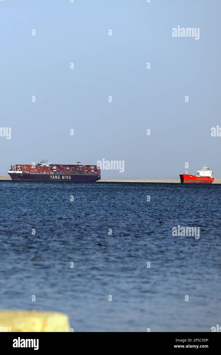 Cairo, Egypt. 25th Mar, 2021. Ships wait to pass the Suez Canal on the ...