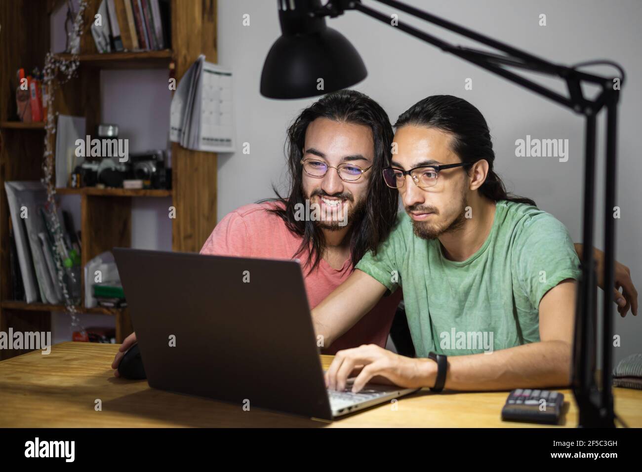 long haired young twin brothers laughing using computer, freelancer ...