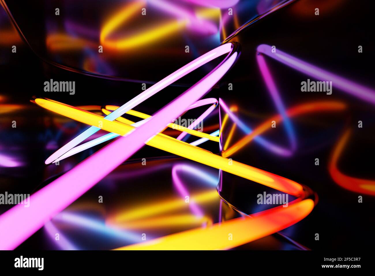 Abstract rainbow neon glowing crossing lines pattern. Dark background of colorful neon glowing ...