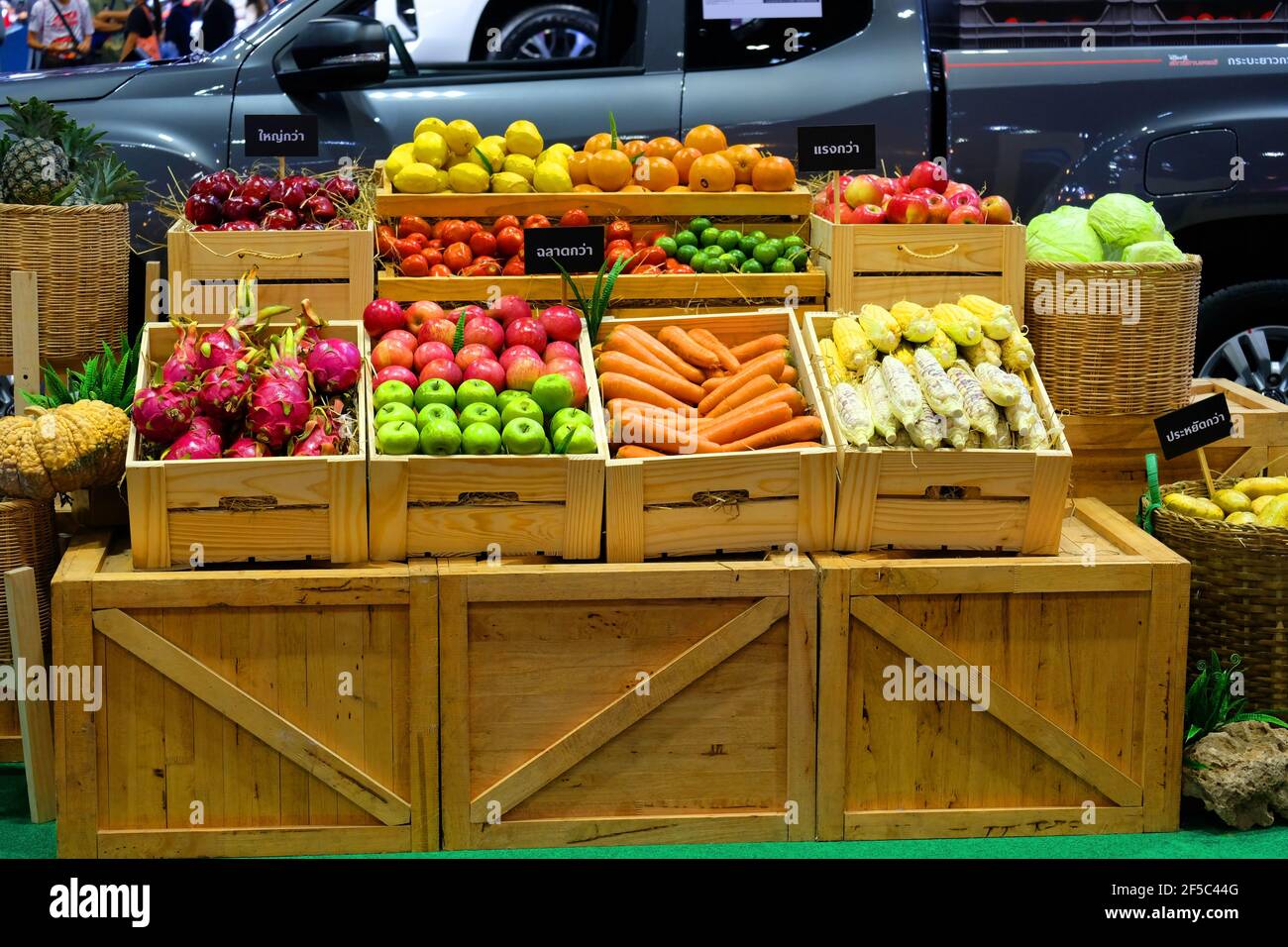 Various kinds of fruits and vegetables on wood shelter Stock Photo - Alamy