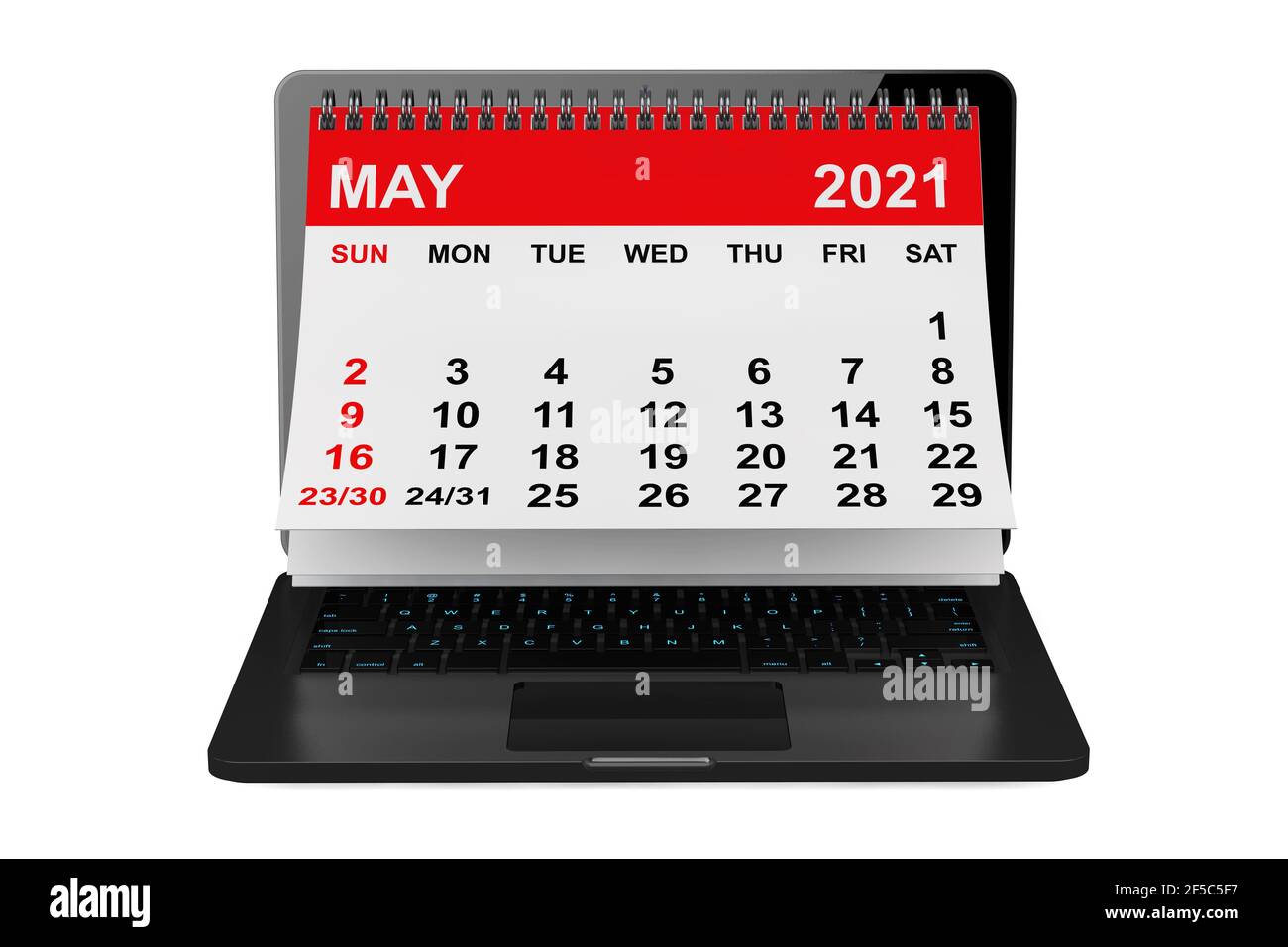 2021 year calendar. May calendar over laptop screen on a white ...