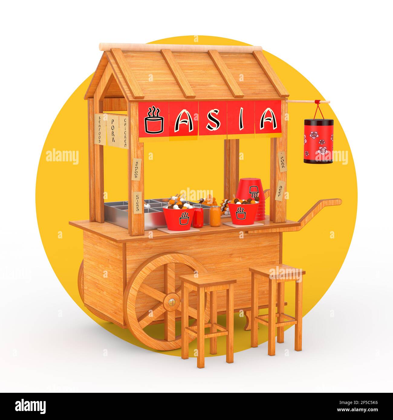 Asian Wooden Street Food Meatball Noodle Cart with Chairs on a white ...