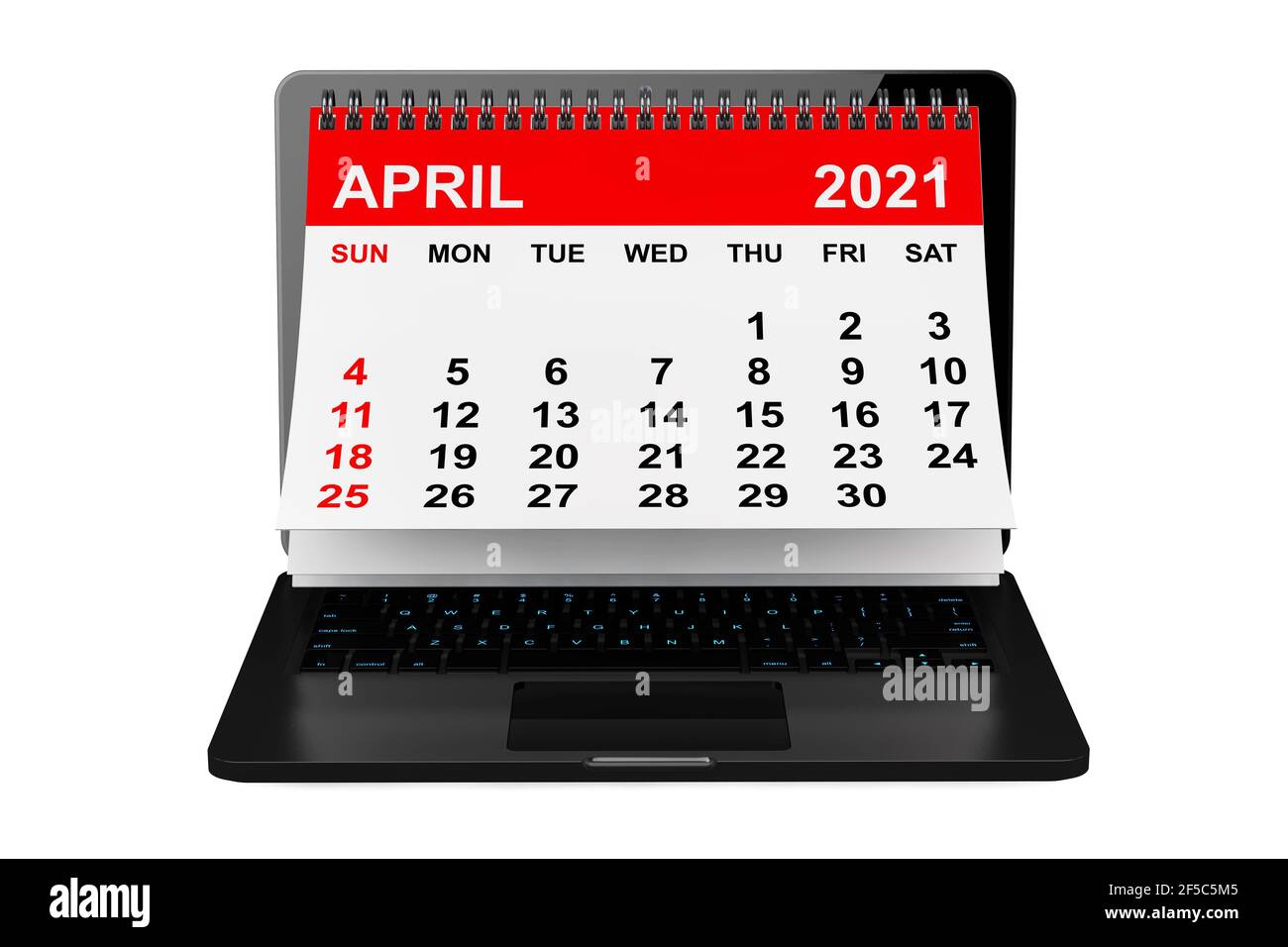 2021 year calendar. April calendar over laptop screen on a white ...