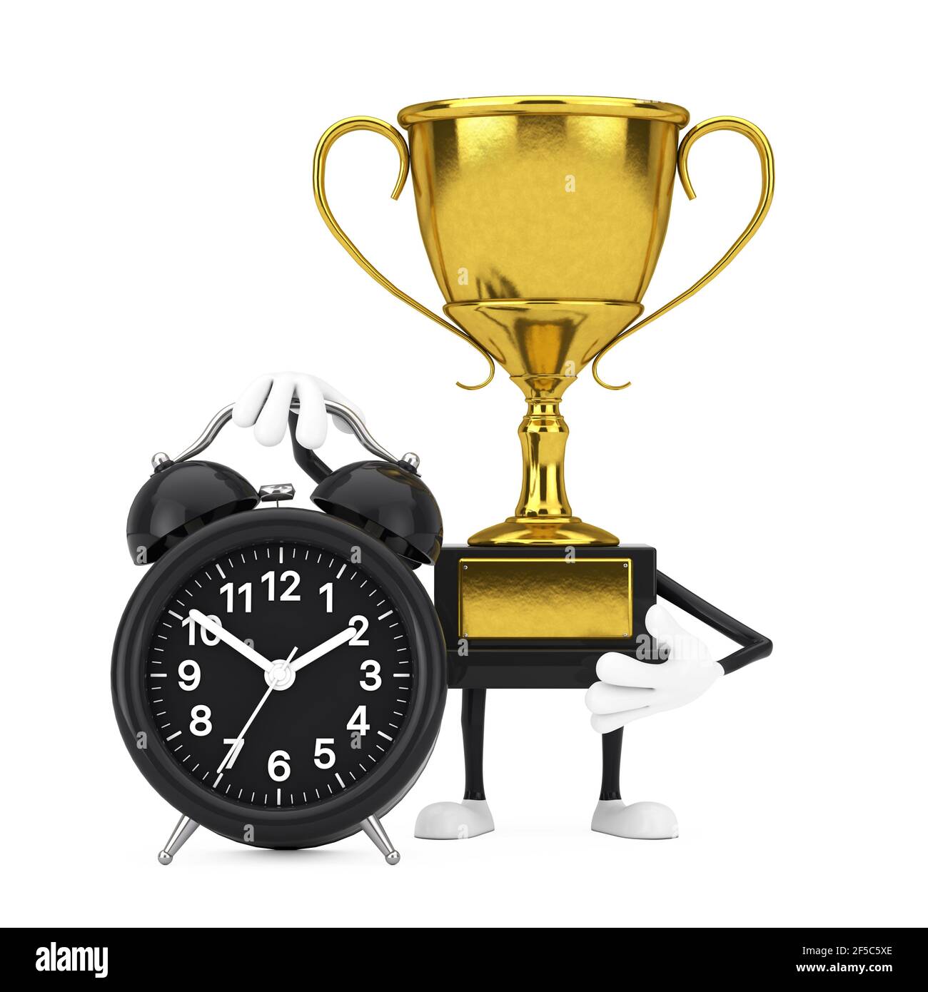 Golden Award Winner Trophy Mascot Person Character with Alarm Clock on ...