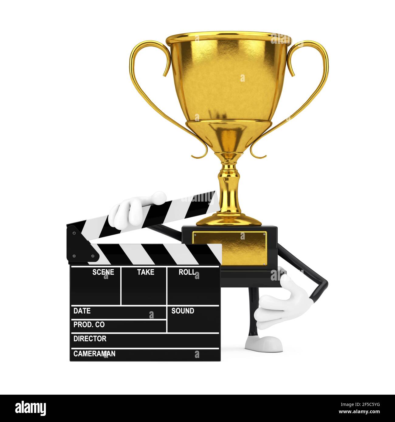 Golden Award Winner Trophy Mascot Person Character with Movie Clapper ...