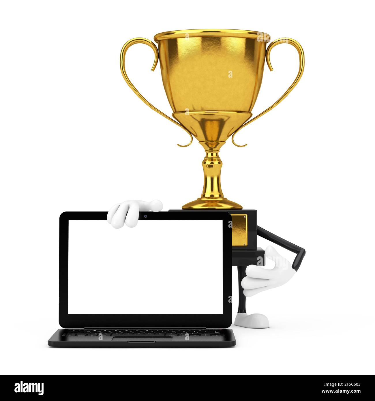 Golden Award Winner Trophy Mascot Person Character with Modern Laptop ...