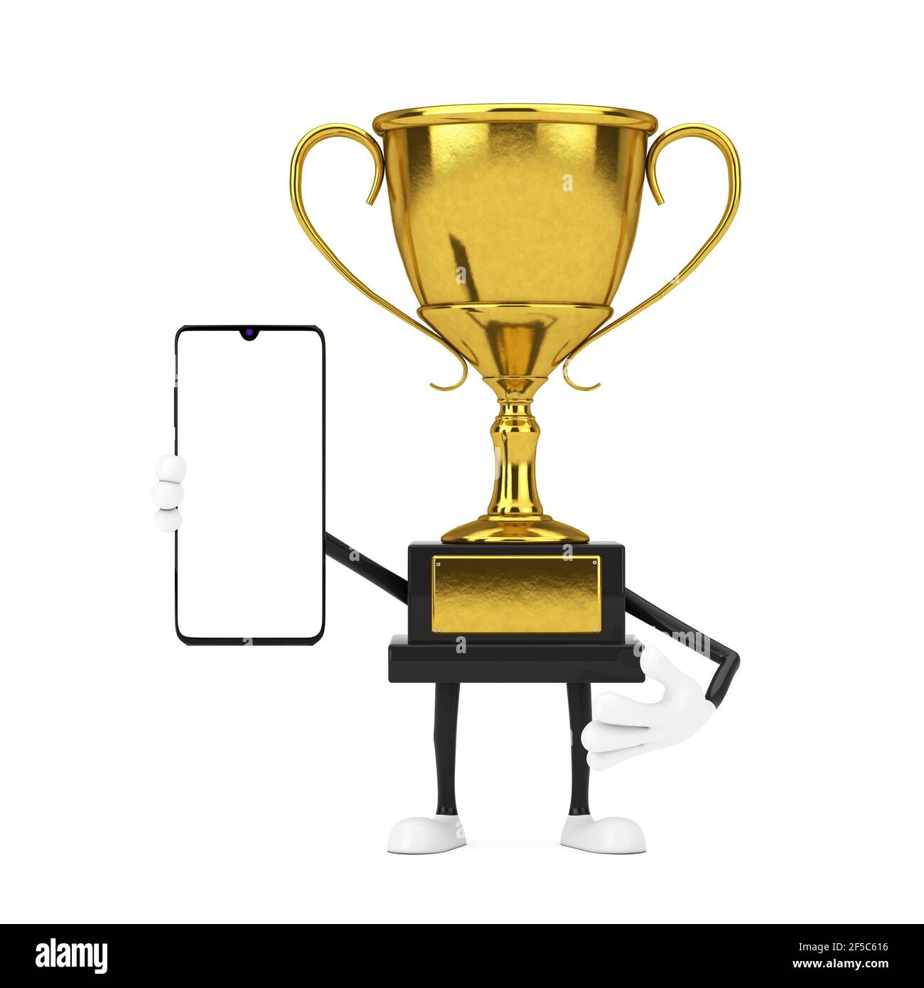 Golden Award Winner Trophy Mascot Person Character with Modern Mobile ...