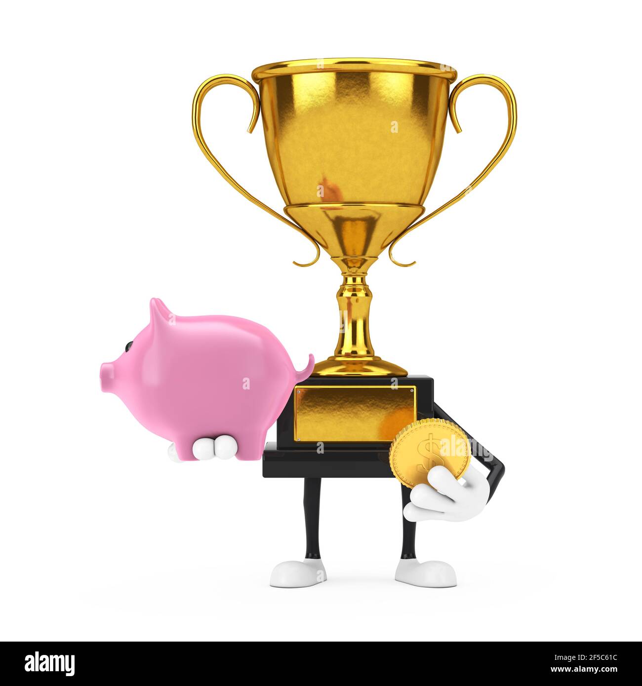 Golden Award Winner Trophy Mascot Person Character with Piggy Bank and ...