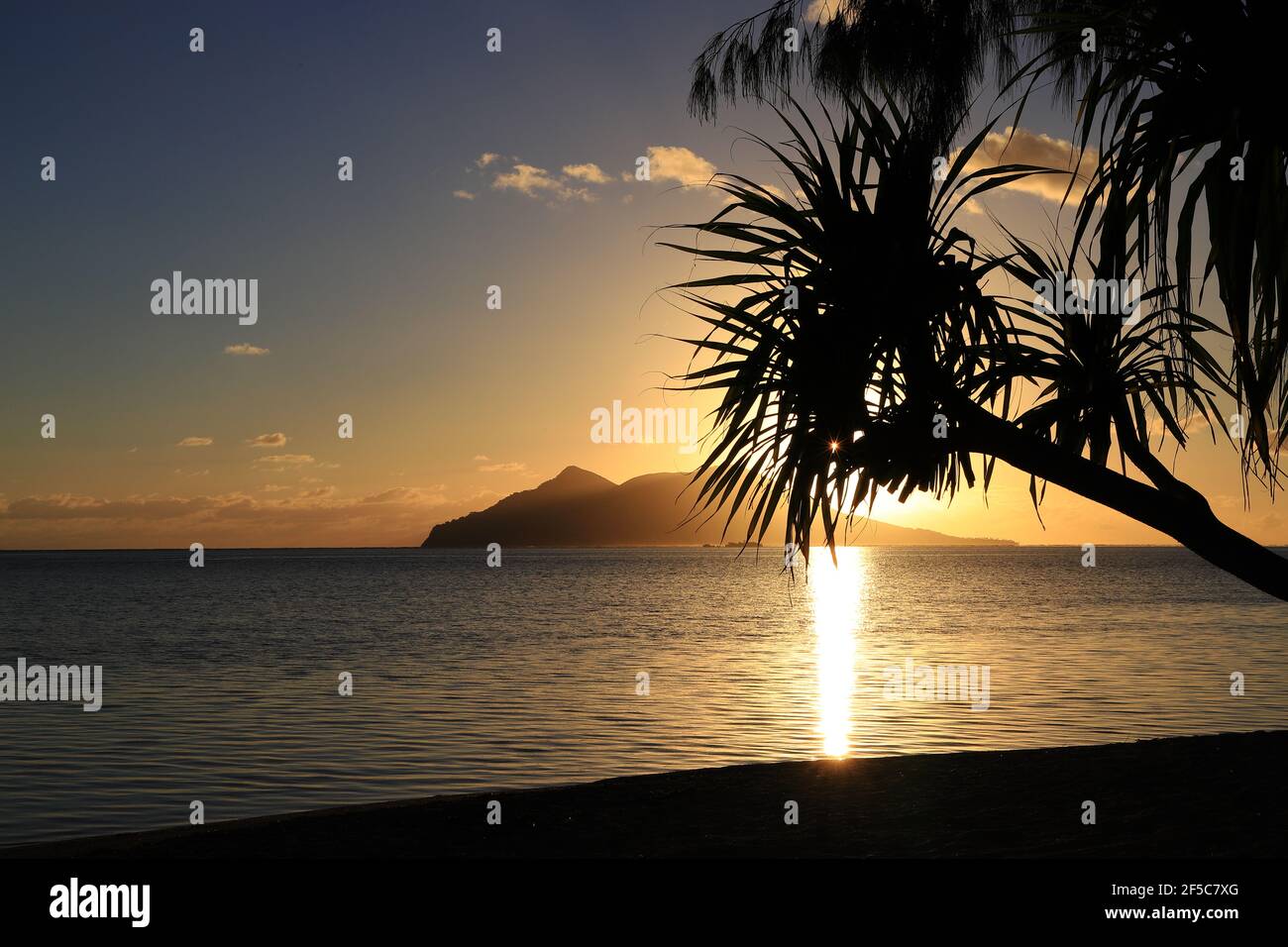 Sunrise over Emao Island in Vanuatu with trees on the beach silhouetted ...