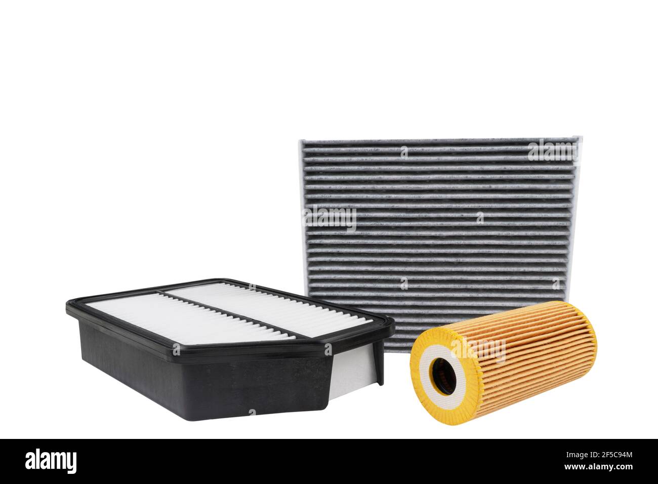 Oil filter, air filter and cabin filter isolated on white background ...