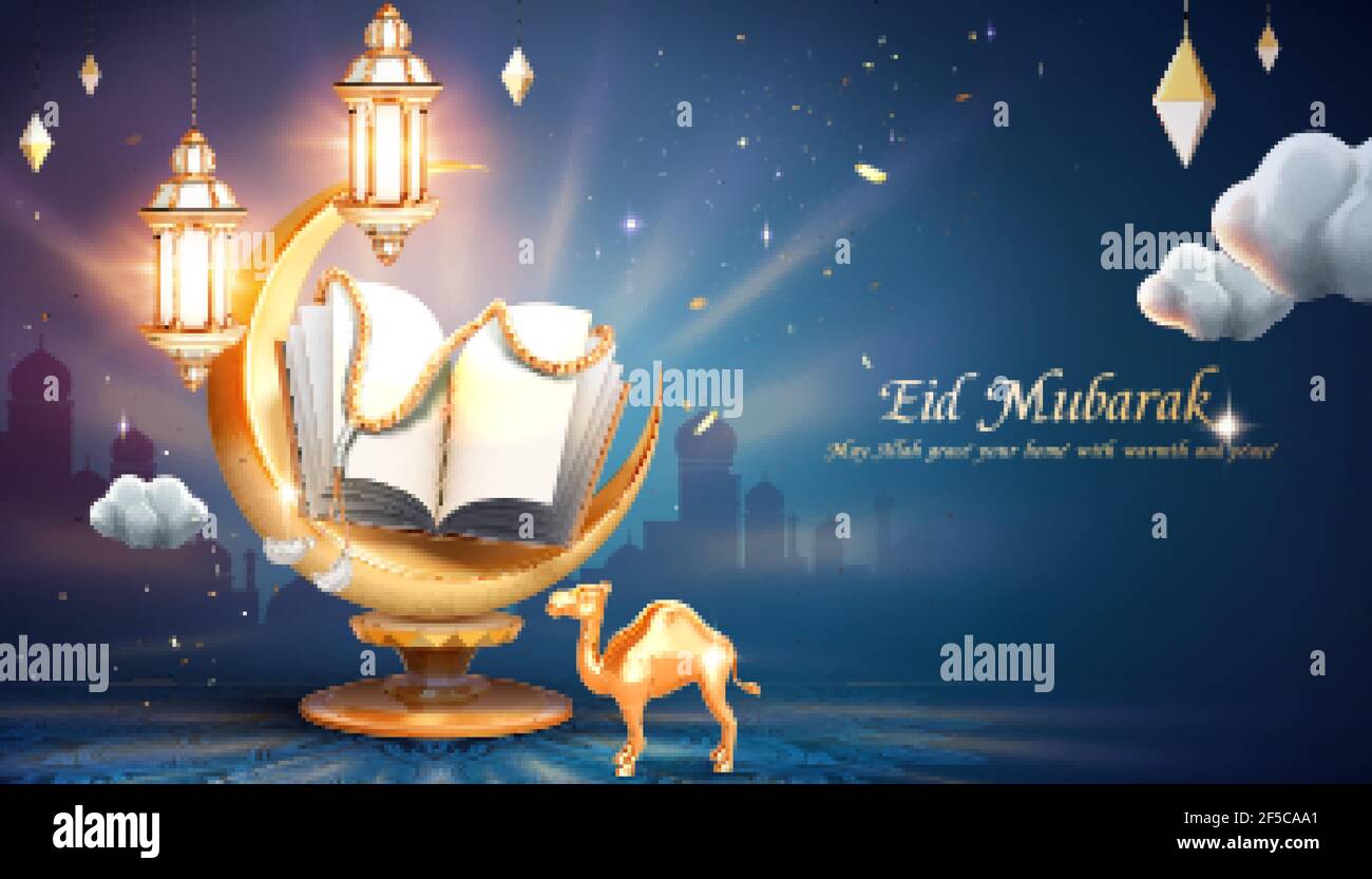 3d arabic holiday greeting banner with glowing crescent and holy book ...