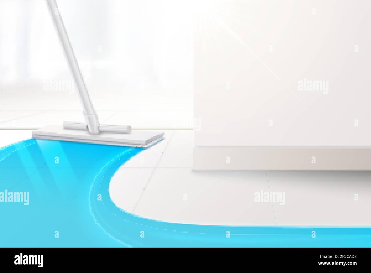 3d illustration of a realistic mop cleaning floor making a blue color ...