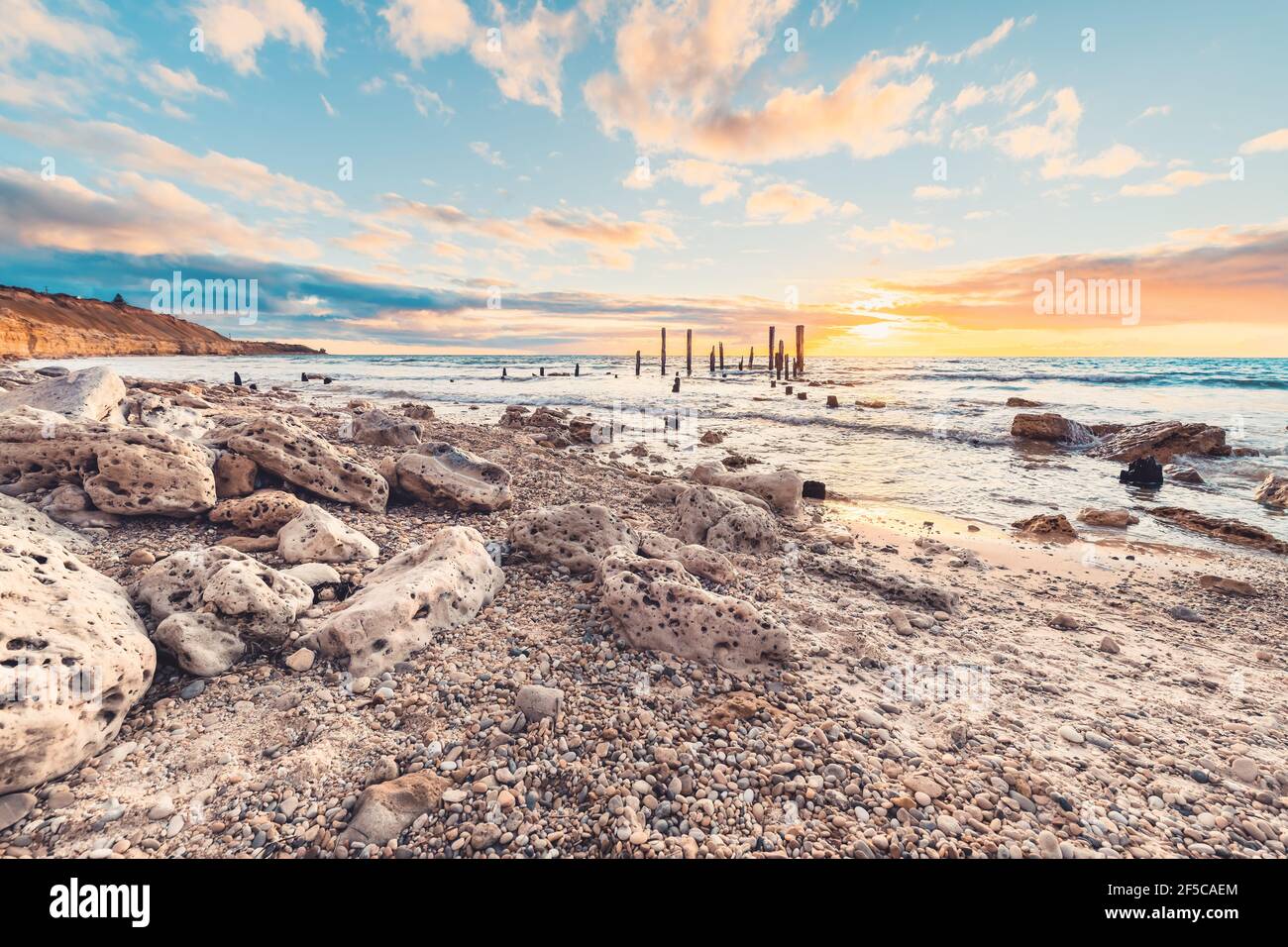 Iconic Port Willunga jetty sticks at sunset, Fleurieu Peninsula, South ...