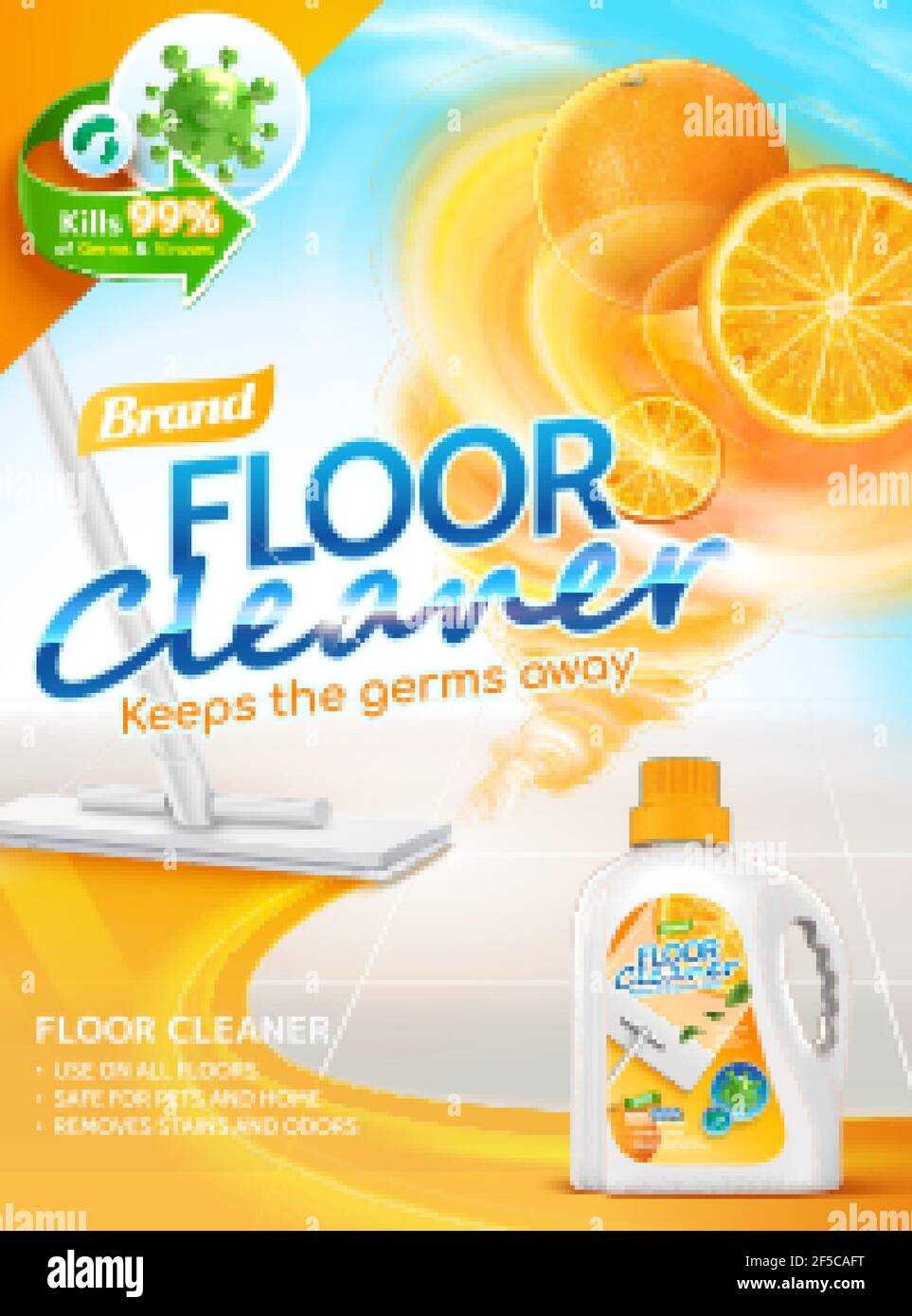 Floor cleaner ads, orange scent liquid with fruit twister elements, and ...