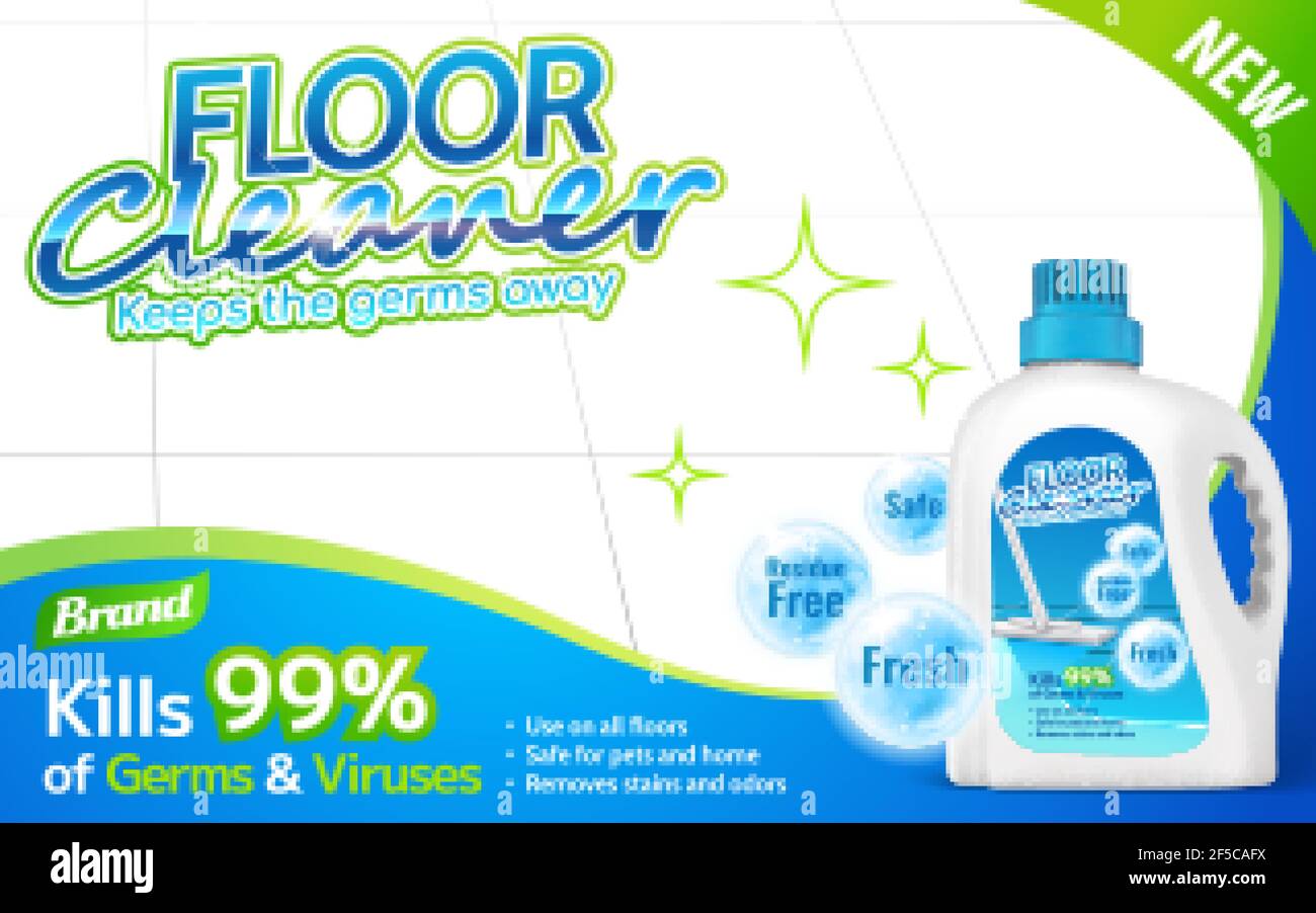 Floor cleaner package on shiny floor with several efficacies in 3d ...
