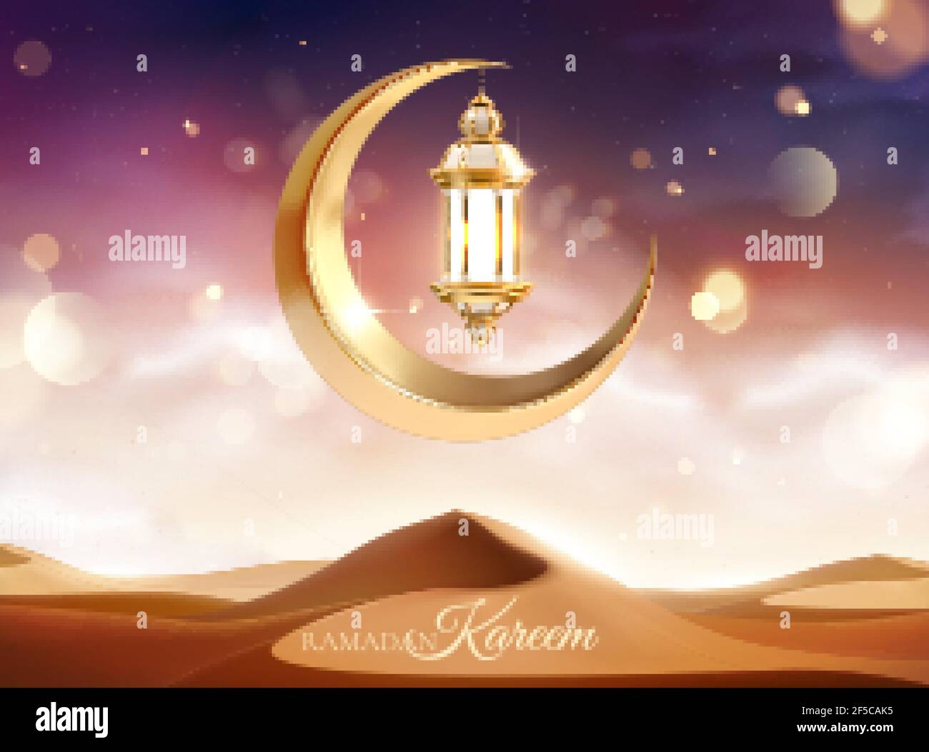 Beautiful desert sunset scenery with metal moon and lantern decoration ...