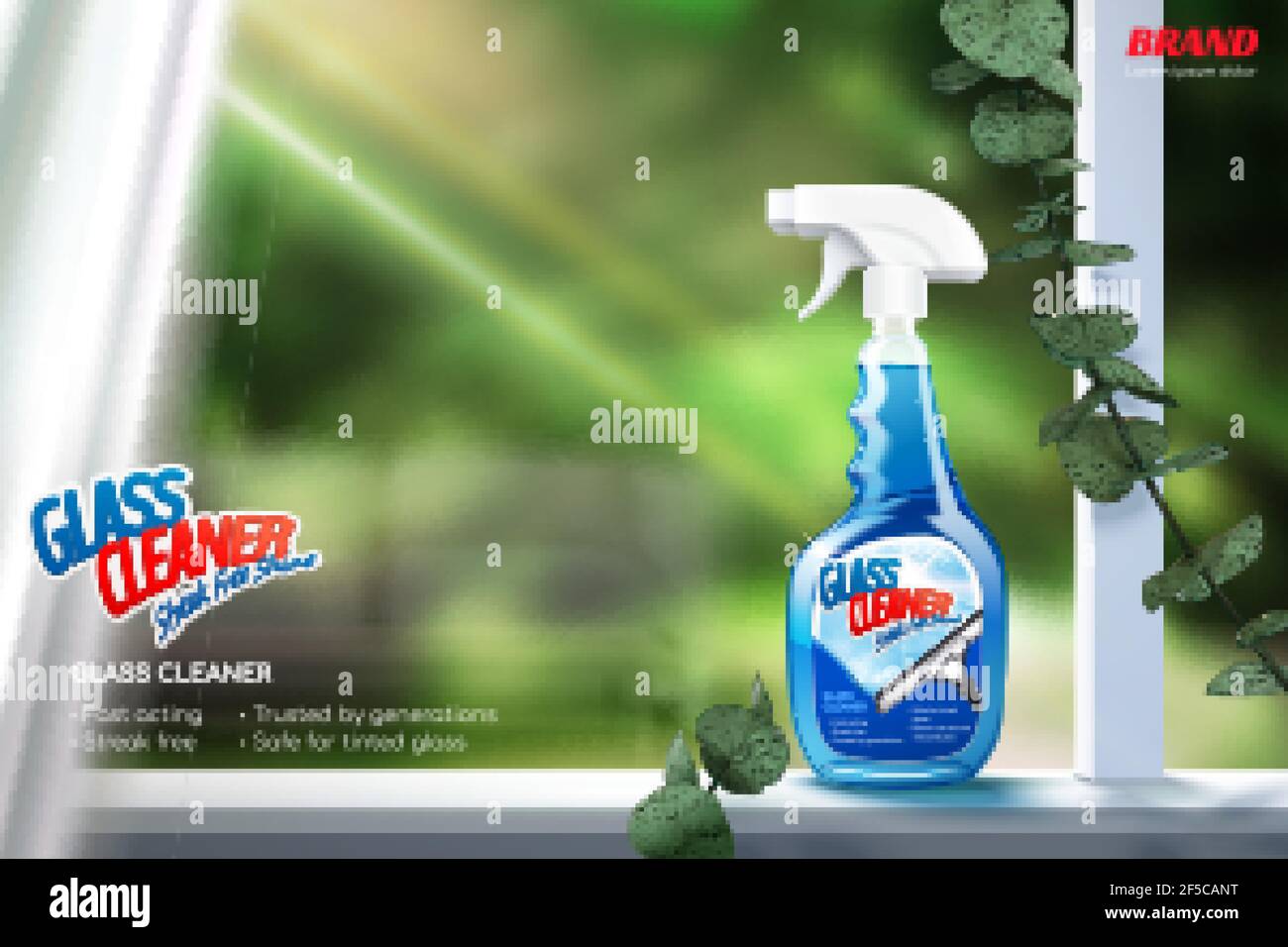 Glass cleaner promotion banner. Realistic window sill with bright ...