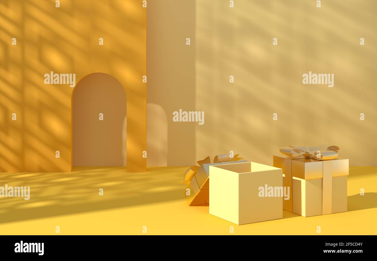 Creative empty background with gift boxes, 3d rendering. Computer ...