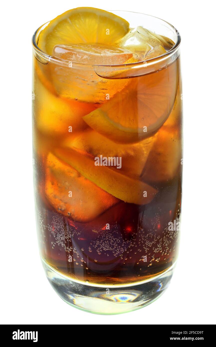 Cola drink with ice cubes and sliced lemon in a highball glass isolated on a white background ...