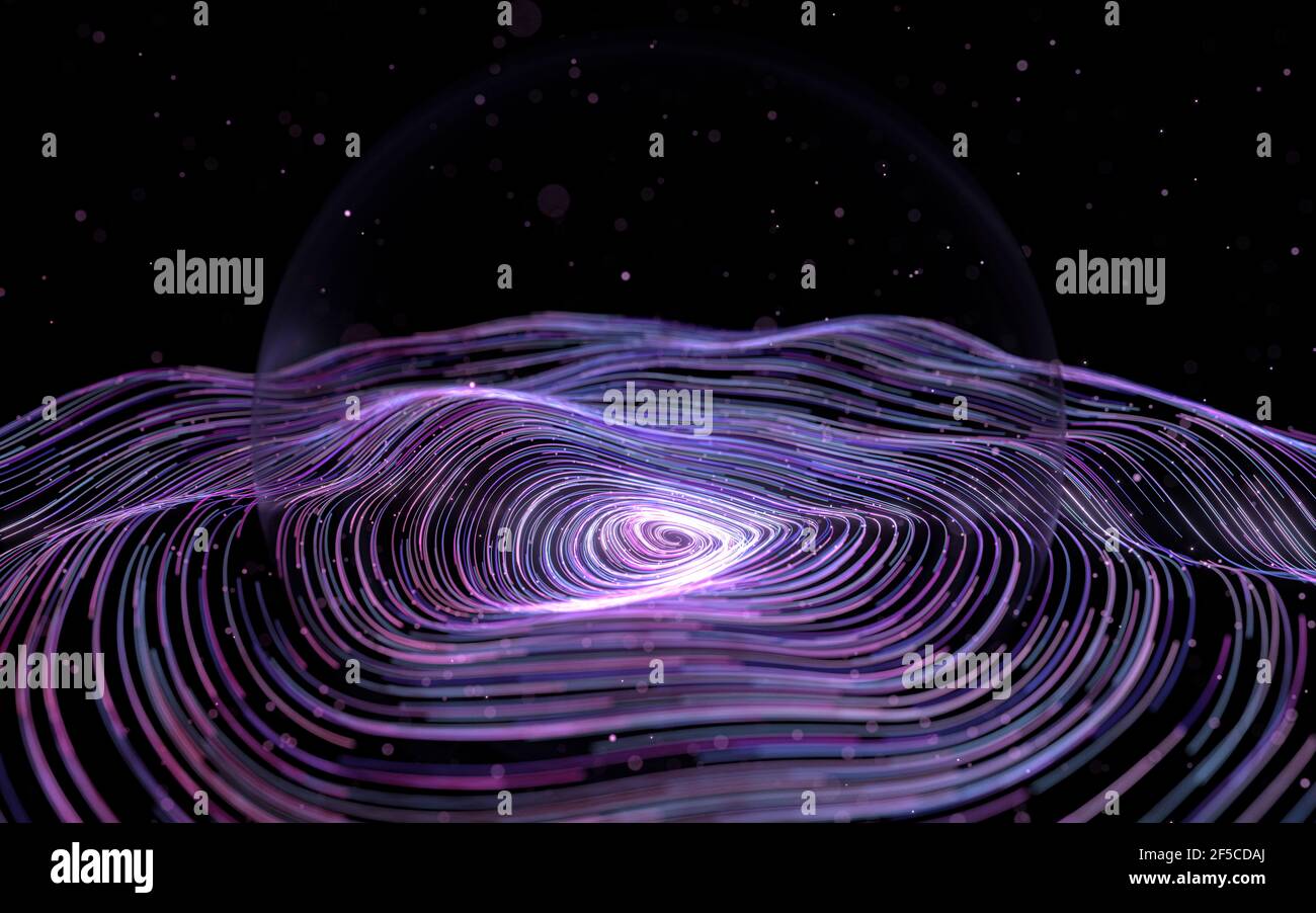 Purple curve lines vortex with huge bubble, 3d rendering. Computer ...