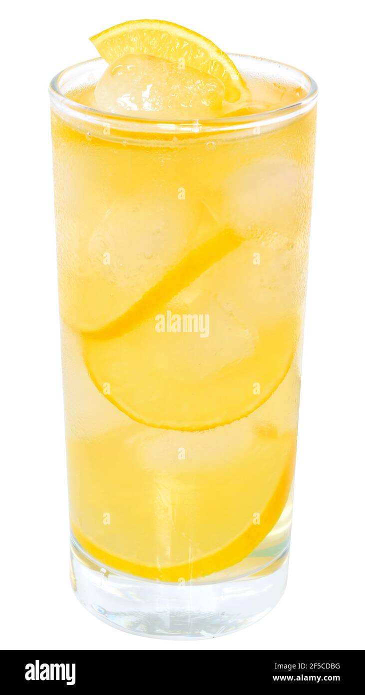 Lemonade with ice cubes on white background Stock Photo - Alamy