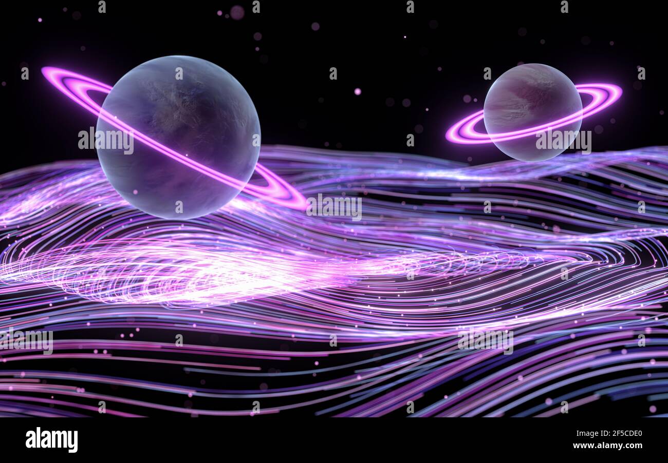 Planets with purple curve vortex lines, 3d rendering. Computer digital ...