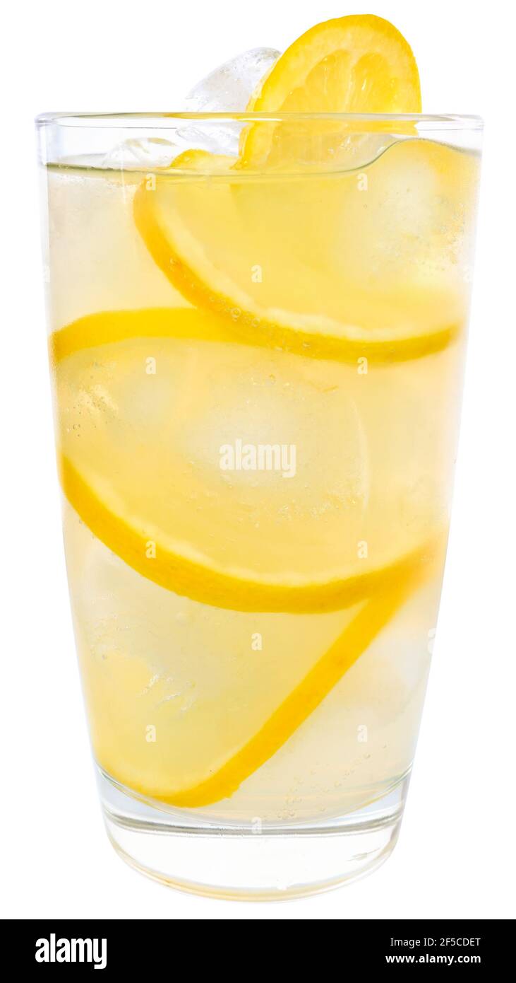 Lemonade with ice cubes and lemon isolated on white background Stock ...