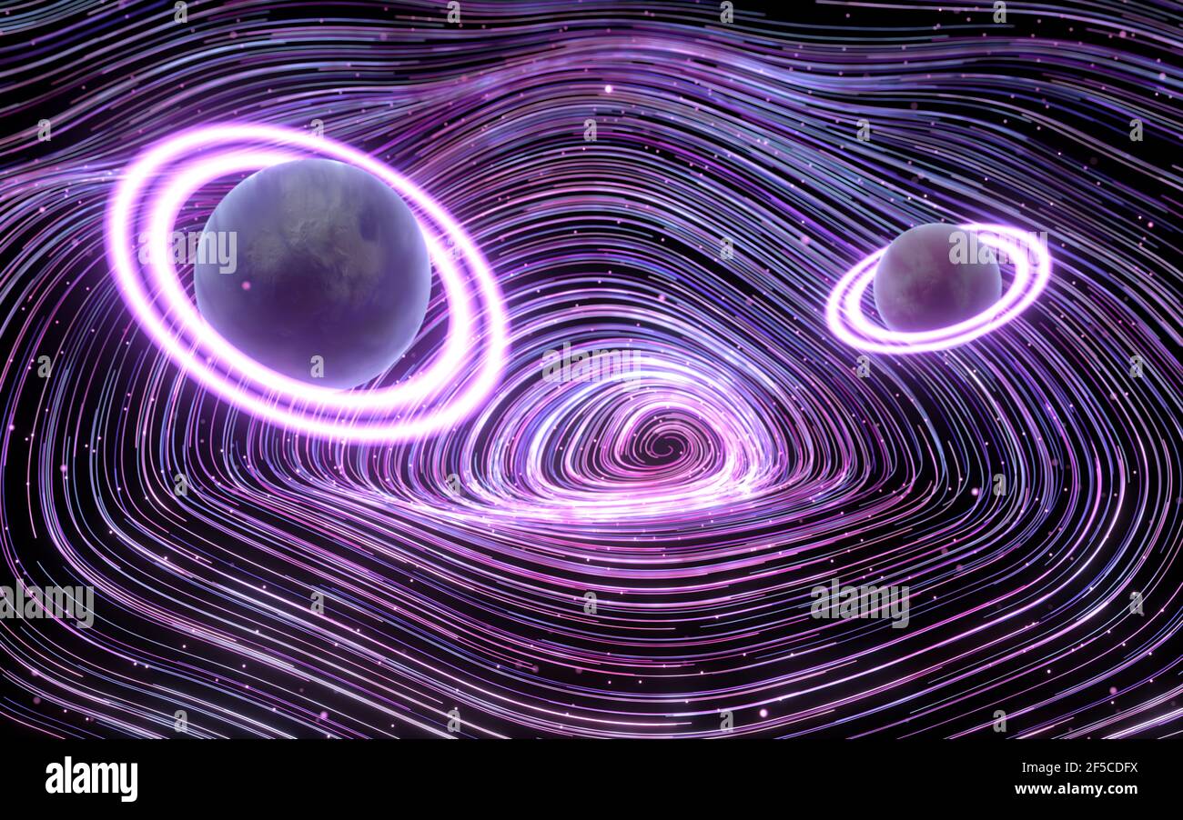 Planets with purple curve vortex lines, 3d rendering. Computer digital ...