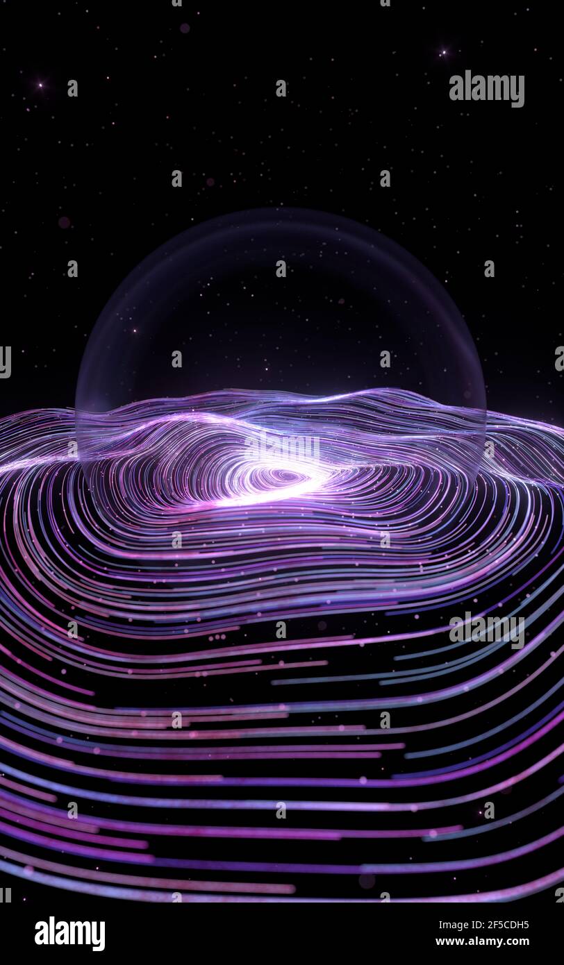 Purple curve lines vortex with huge bubble, 3d rendering. Computer ...