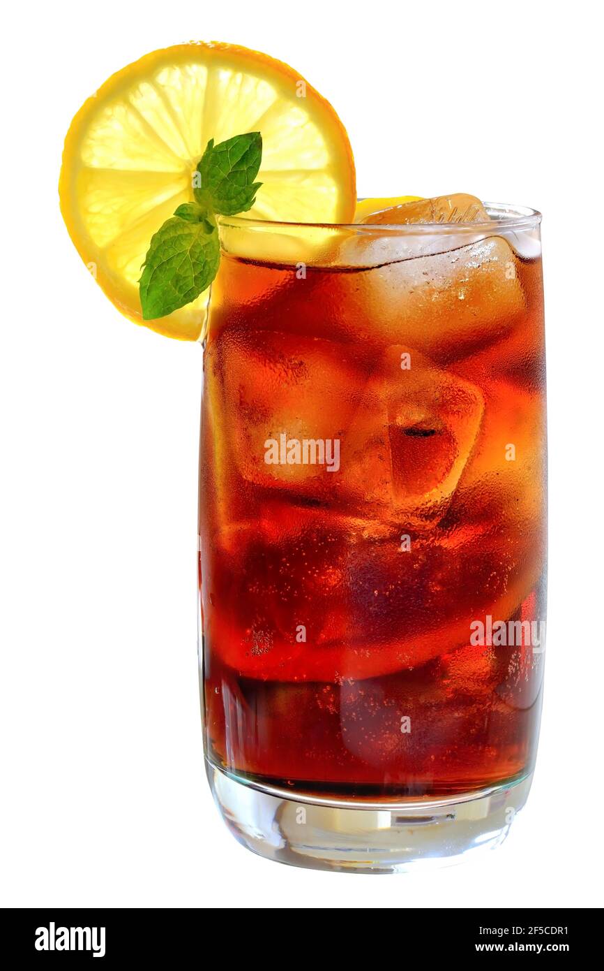 Cola drink with ice cubes and sliced lemon in a highball glass on a white background Stock Photo ...