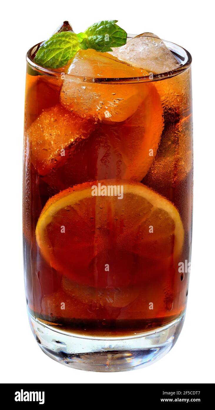 Cola drink with ice cubes and sliced lemon in a highball glass on a white background Stock Photo ...