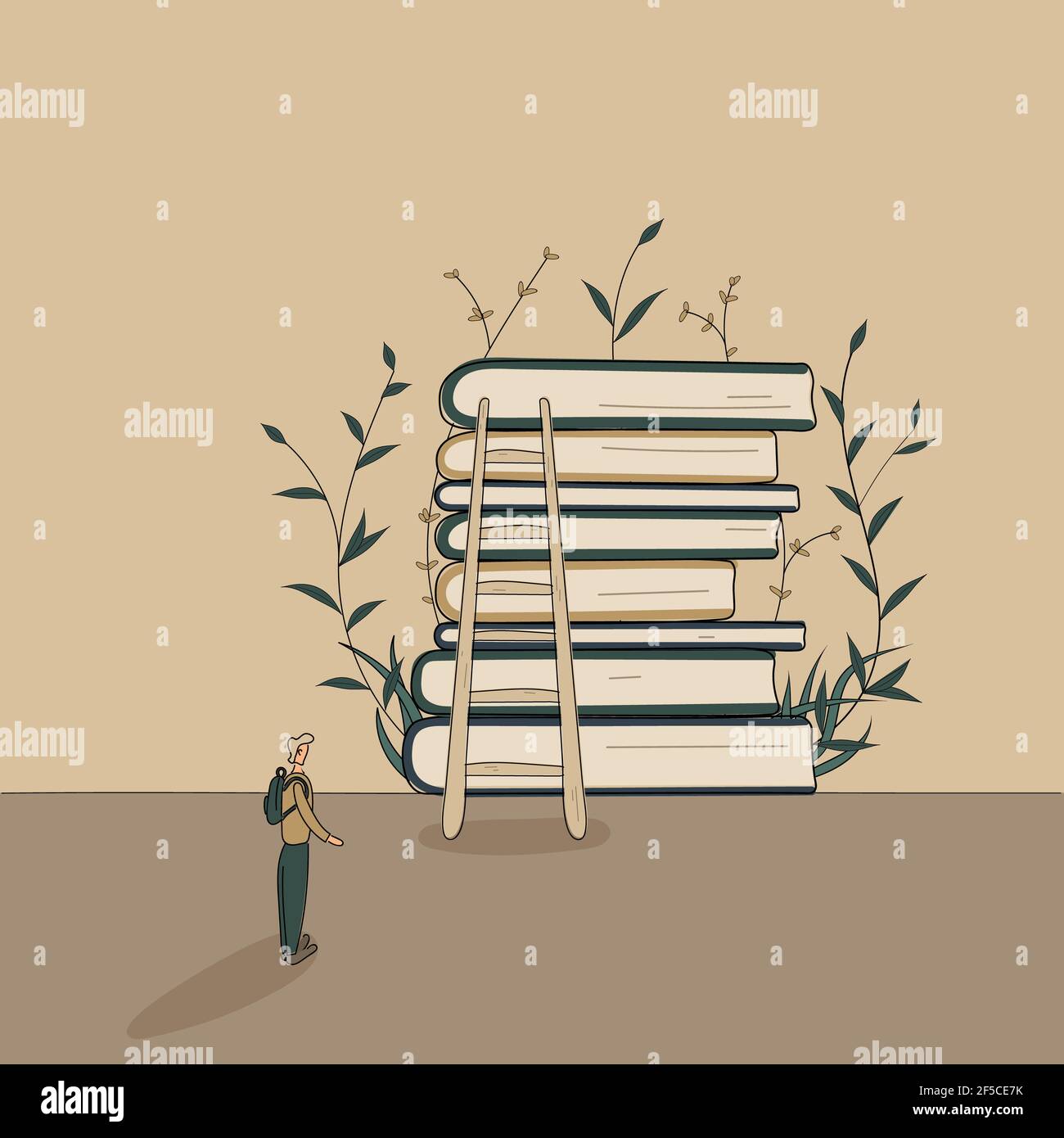 Concept:book is source of knowledge.Tiny man ready ready to climb ...