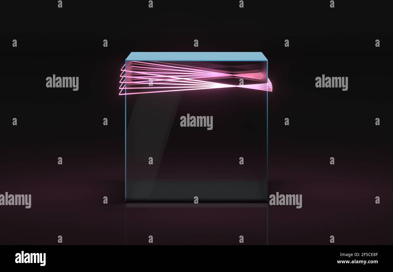 Empty glass showcase with neon lines, 3d rendering. Computer digital ...