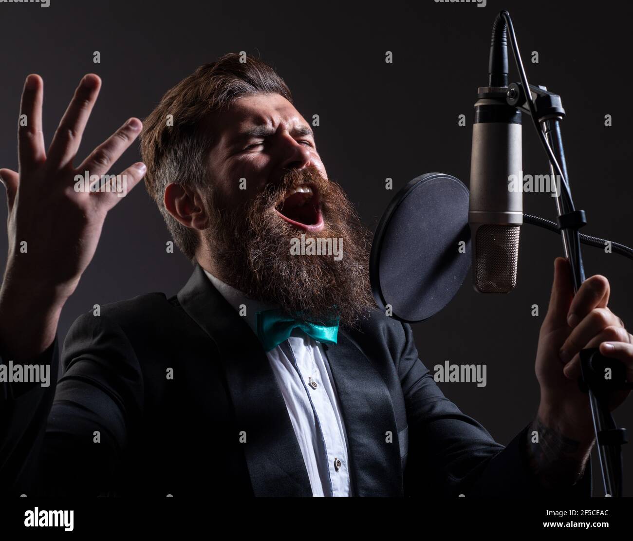 Classic singer in suit. Man with microphone singing song. Musician in ...